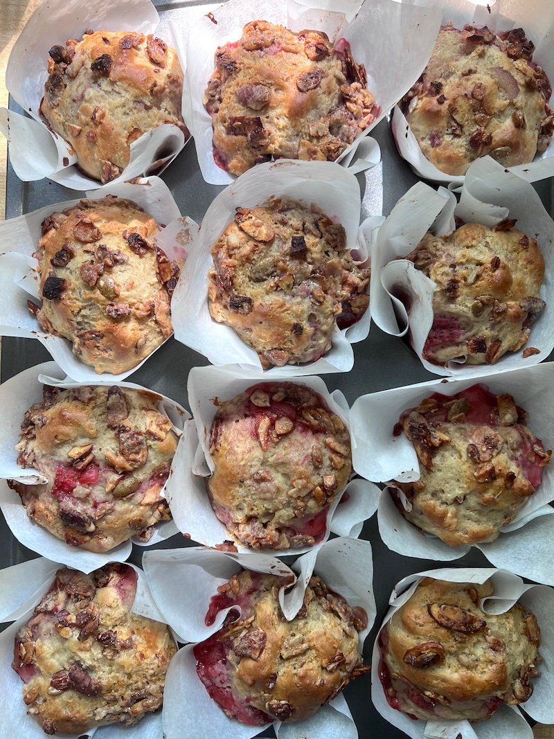 Strawberry Rhubarb Tahini Muffins | My Bizzy Kitchen